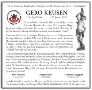 Ratinger Schützen trauern um „Ihren Chef Gero Keusen“ – Bruderschaft Ratingen